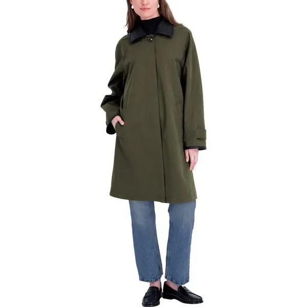 Tahari Ingrid Faux Leather Trim Rain Coat - Olive