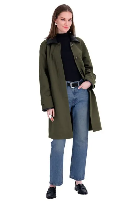 Tahari Ingrid Faux Leather Trim Rain Coat - Olive
