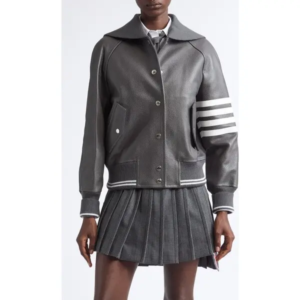 Thom Browne Oversized Raglan Sleeve Leather Blouson Jacket - Dark Grey