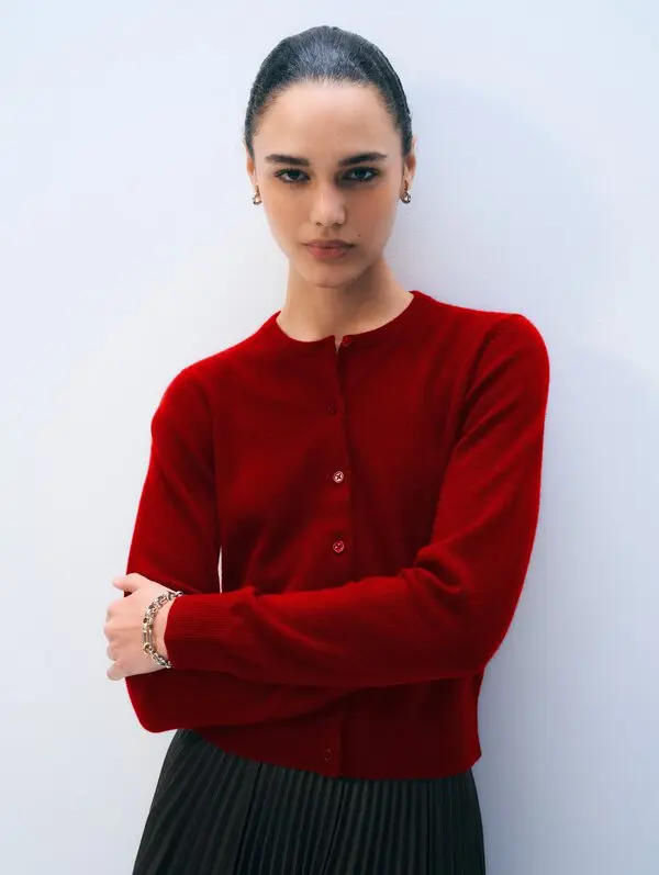 WHITE & WARREN Cashmere Crewneck Cardigan Sweater In Size - Red