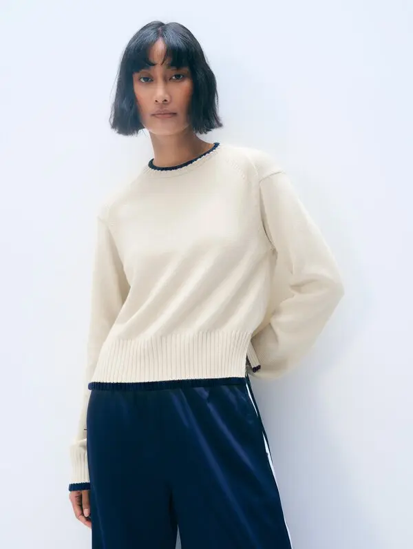 WHITE & WARREN Varsity Cotton Crewneck Top In Size In Cotton/polyester