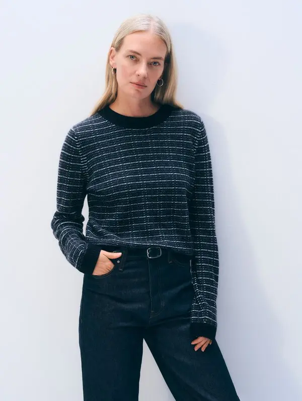 WHITE & WARREN Cashmere Waffle Stripe Crewneck Top In Size