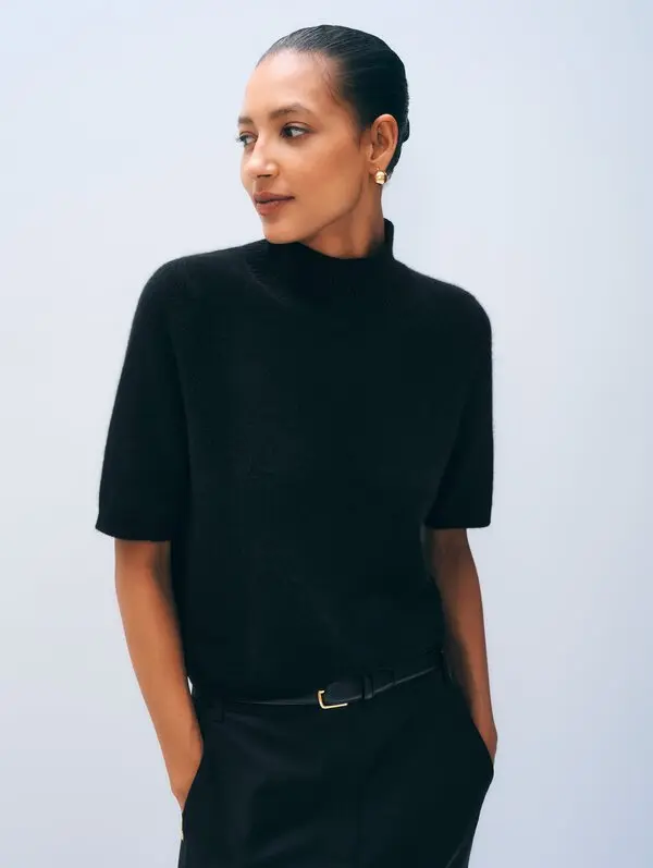WHITE & WARREN Cashmere Mockneck Tee Top - Black