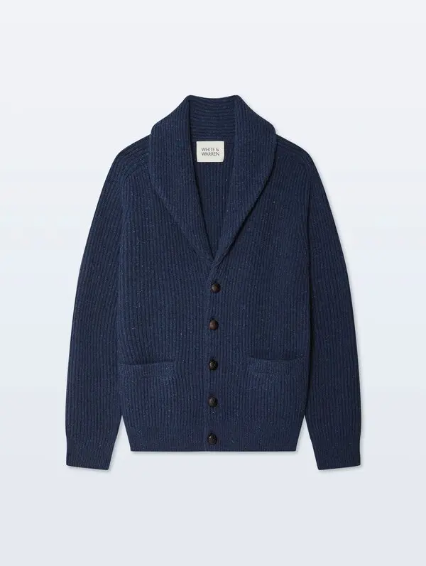 WHITE & WARREN Merino Wool Donegal Shawl Cardigan Sweater In Size - Midnight Donegal