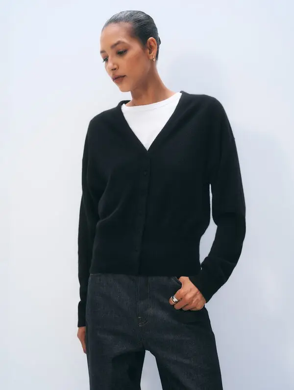 WHITE & WARREN Cashmere Deep V Cardigan Sweater - Black