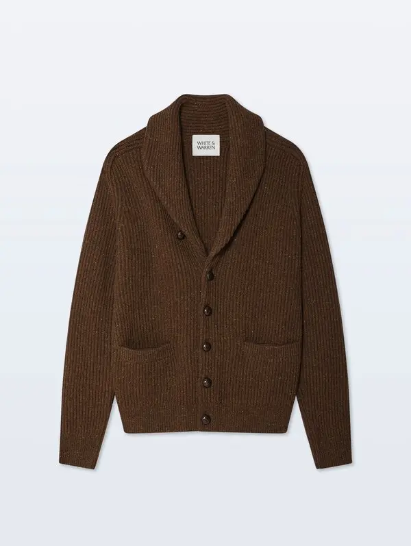 WHITE & WARREN Merino Wool Donegal Shawl Cardigan Sweater In Size - Walnut Donegal