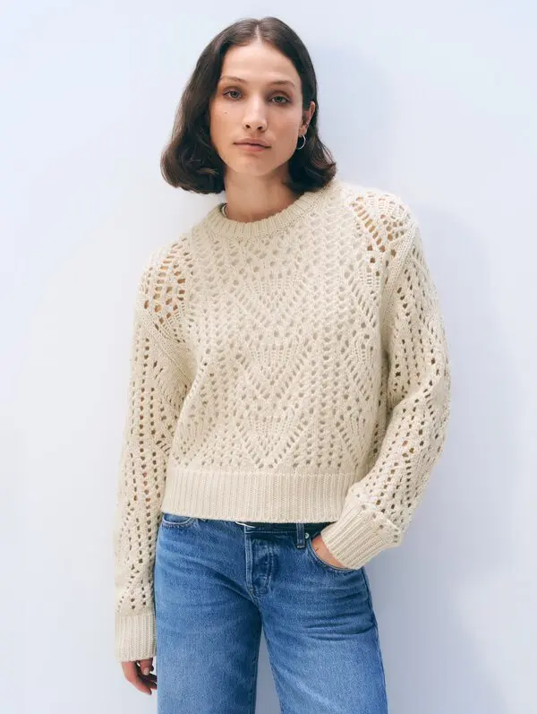 WHITE & WARREN Cashmere Blend Crewneck Sweater Top - Ivory