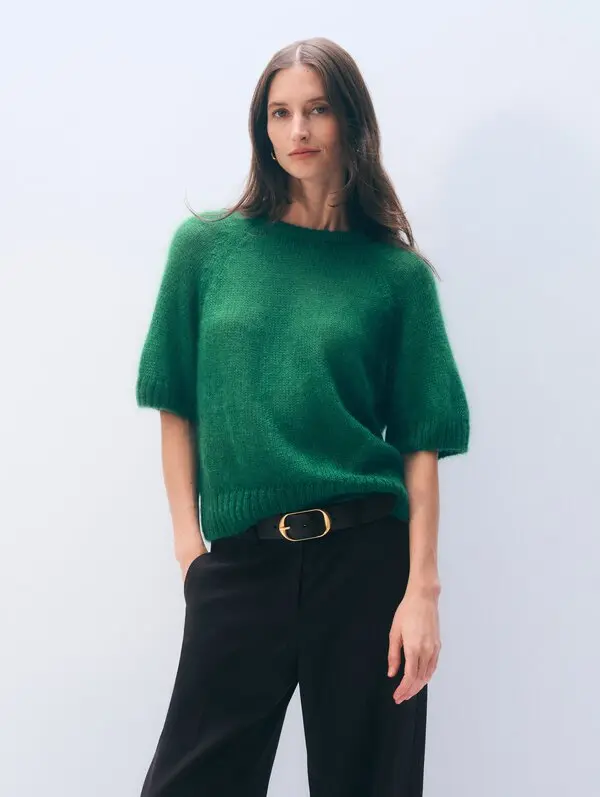 WHITE & WARREN Mohair Blend Tee Top - Bright Emerald