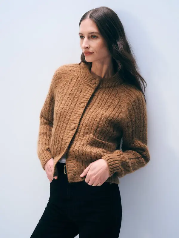 WHITE & WARREN Mohair Blend Cardigan Sweater - Camel Brown