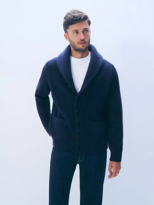 WHITE & WARREN Merino Wool Donegal Shawl Cardigan Sweater - Midnight Donegal