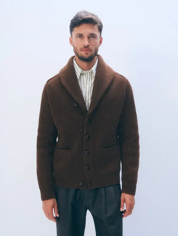 WHITE & WARREN Merino Wool Donegal Shawl Cardigan Sweater - Walnut Donegal