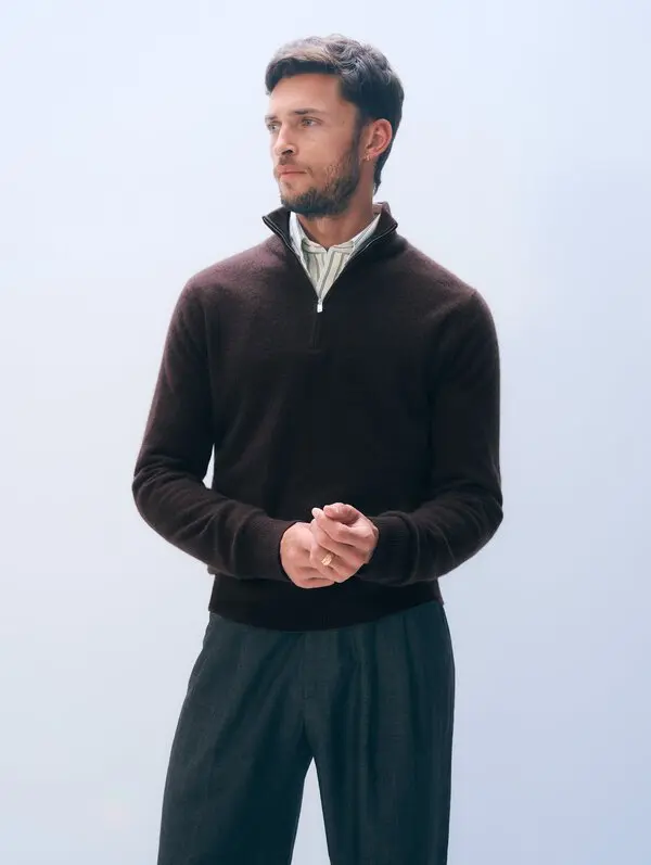 WHITE & WARREN Cashmere Quarterzip Sweater In Size - Coffee Bean