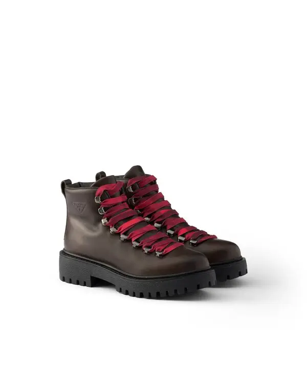 Prada Leather Lace-up Booties - Brown