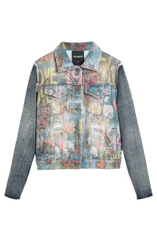 Desigual Graffiti Ribbed Sleeve Trucker Jacket