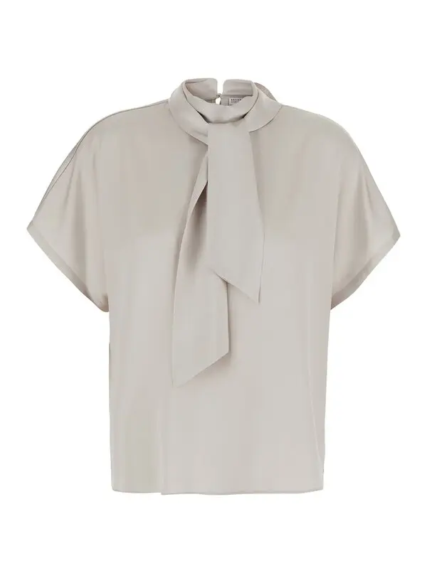 Brunello Cucinelli Beige Blouse With Bow Collar And Monile Decoration In Silk For - Multicolor