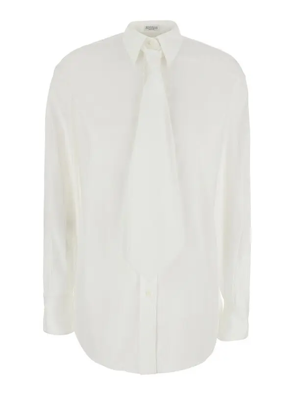 Brunello Cucinelli White Shirt With Classic Collar And Oversized Tie On The Front In Cotton For - Multicolor