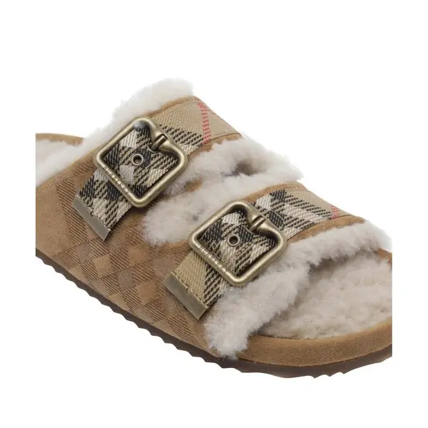 Burberry Urchin Sandals In Check Shearling - Cream
