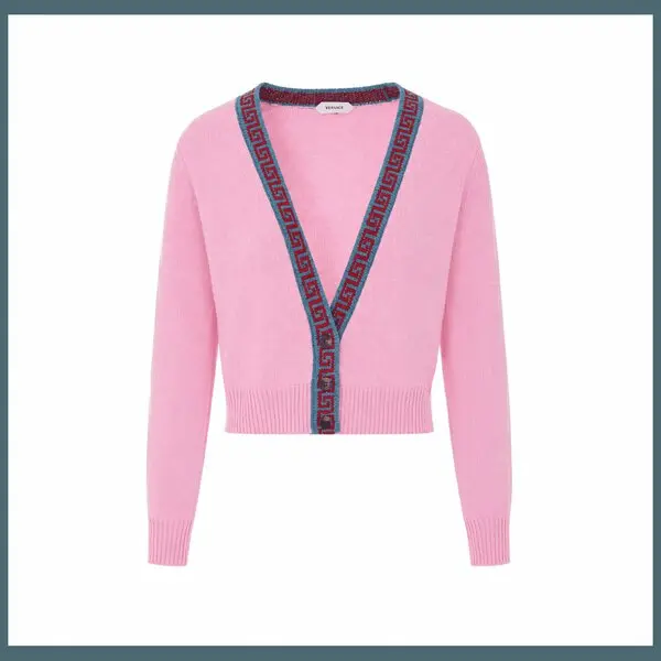 Versace Knit Cardigan With Contrasting Greca Motif - Pink