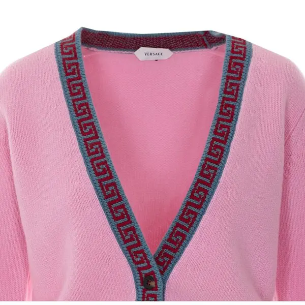 Versace Knit Cardigan With Contrasting Greca Motif - Pink