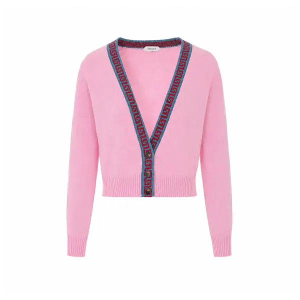 Versace Knit Cardigan With Contrasting Greca Motif - Pink