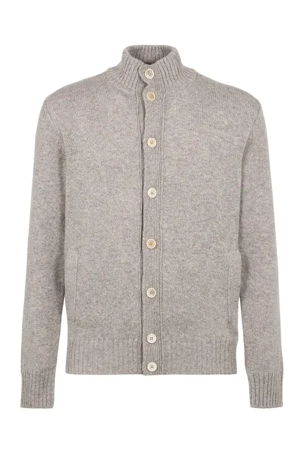SLOWEAR Virgin Wool Casual High-neck Cardigan With Button Front Pockets