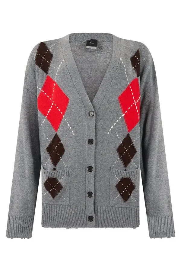 Pinko Cardigan In Wool And Cashmere With Diamond Pattern - Grey