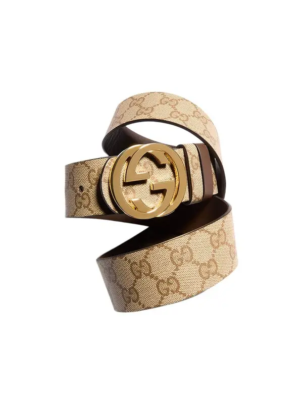 Gucci Reversible Belt With Gg Woven Buckle In Gg Canvas And Leather - Beige