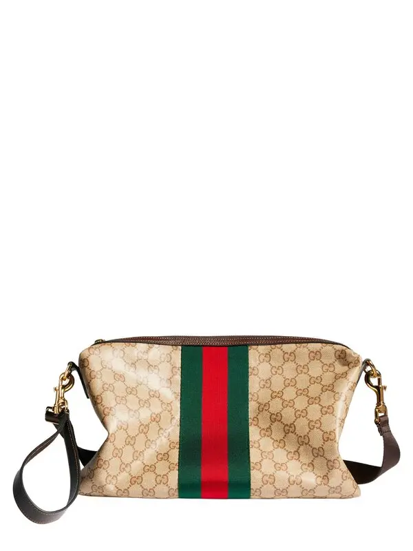 Gucci Style Gg Motif Mini Crossbody Bag With Web Detail - Beige