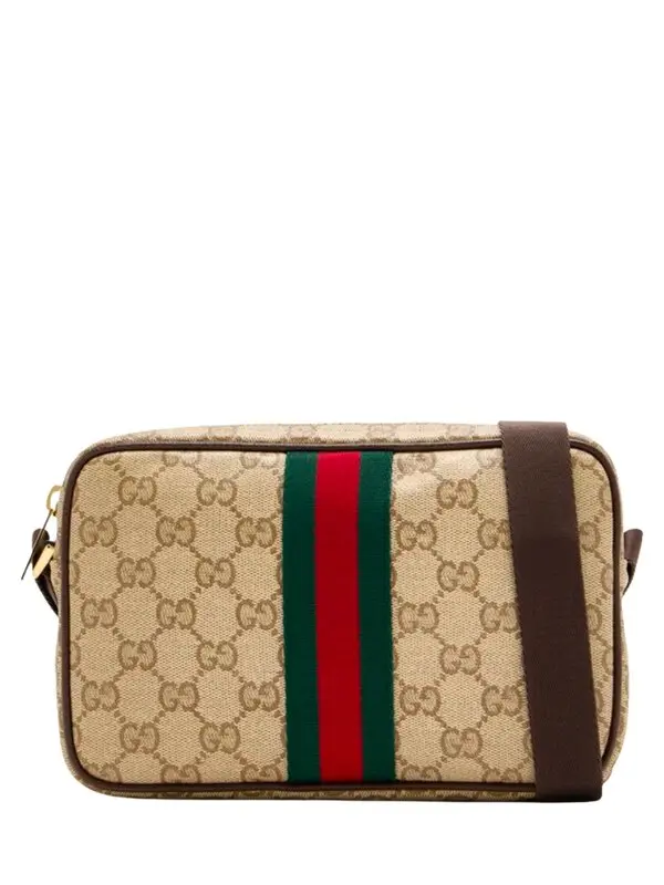 Gucci Gg Canvas Crossbody Handbag With Web Detail, Adjustable Removable Strap, Top Zip Closure, Flat Front Pocket - Beige