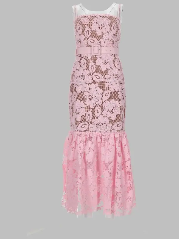 SELF-PORTRAIT Sleeveless Lace Midi Dress With Belt - Pink