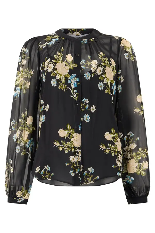 Veronica Beard Floral Chiffon Button-front Blouse With Long Sleeves - Black
