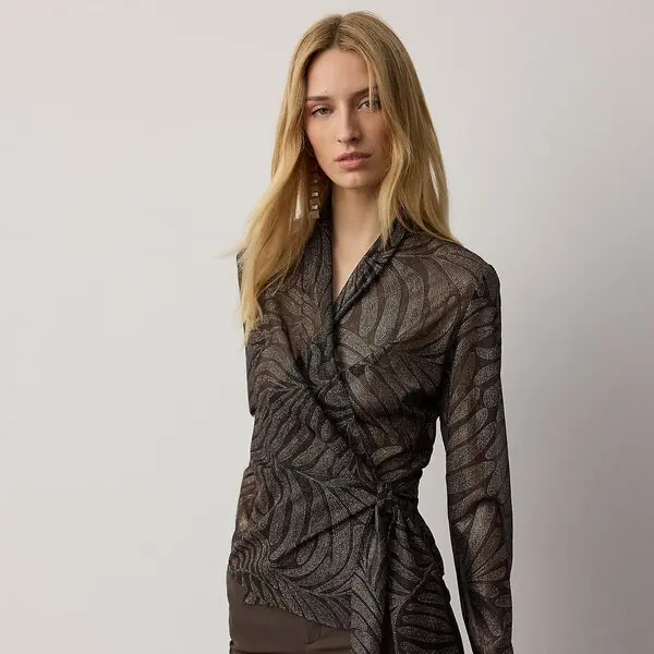 Ralph Lauren Shea Foiled Crinkle Chiffon Wrap Blouse