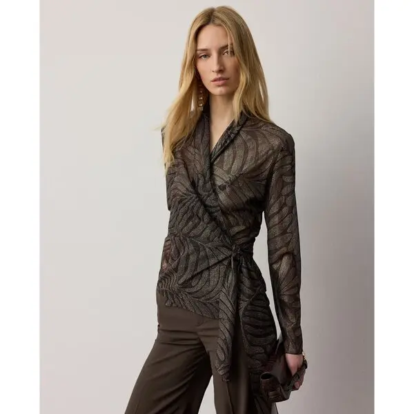 Ralph Lauren Shea Foiled Crinkle Chiffon Wrap Blouse