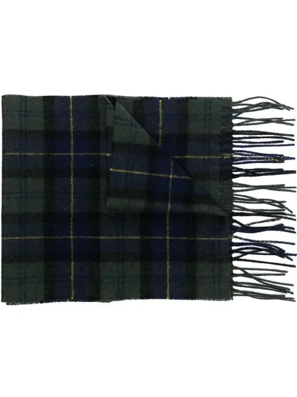 Barbour Fringed Edge Wool Tartan Check Pattern Scarf - Green