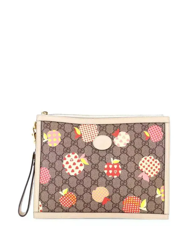 Gucci Les Pommes Wristlet Zip Printed Gg Coated Canvas Medium Pouch