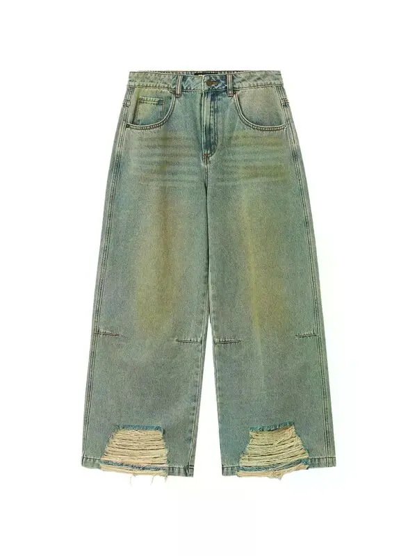 MINI CREAM Distressed Wide-leg Jeans