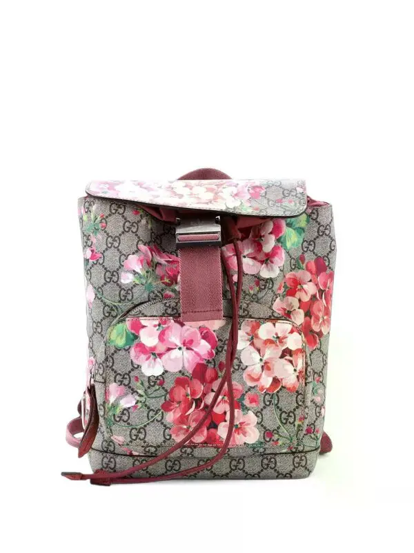 Gucci Buckle Blooms Print Gg Coated Canvas Small Backpack - Brown