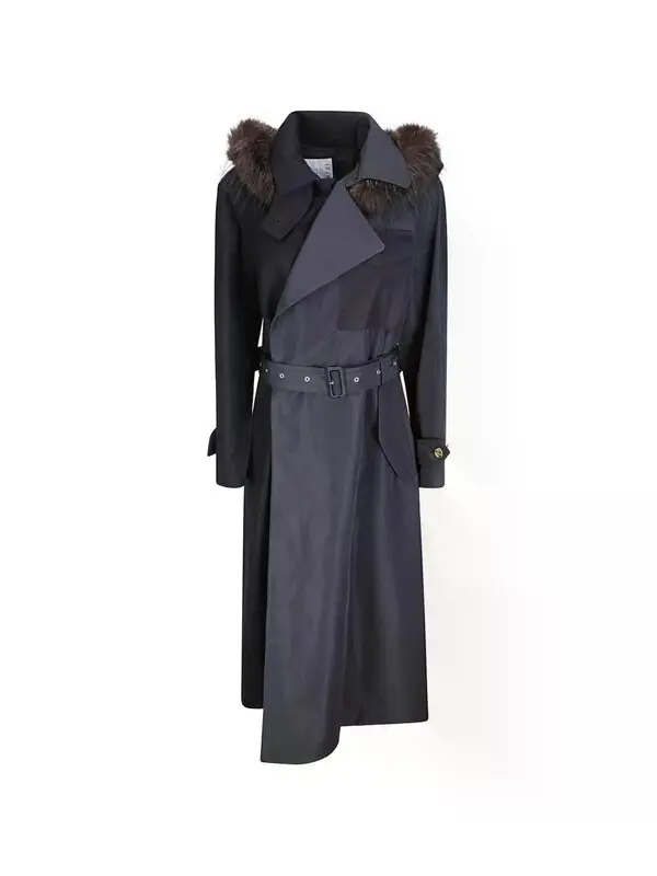 Sacai Fur-trim Belted Coat - Black