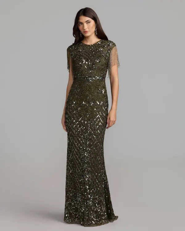 Mac Duggal Olive High Neck Beaded Fringe Fitted Gown