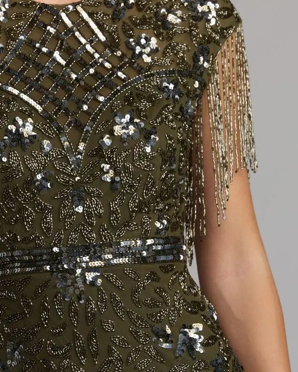 Mac Duggal Olive High Neck Beaded Fringe Fitted Gown