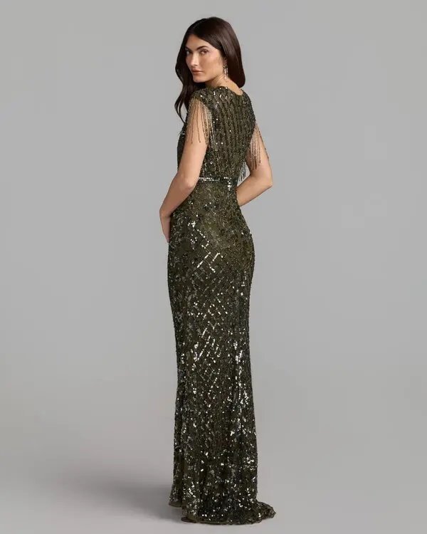Mac Duggal Olive High Neck Beaded Fringe Fitted Gown