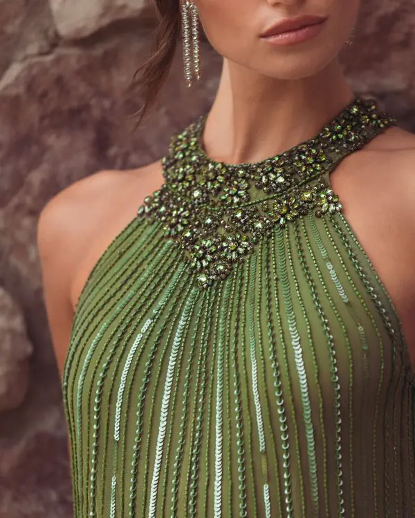 Mac Duggal Olive Sleeveless Halter Embellished Trapeze Gown