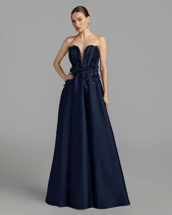 Mac Duggal Strapless Satin Floral Embellished Ball Gown