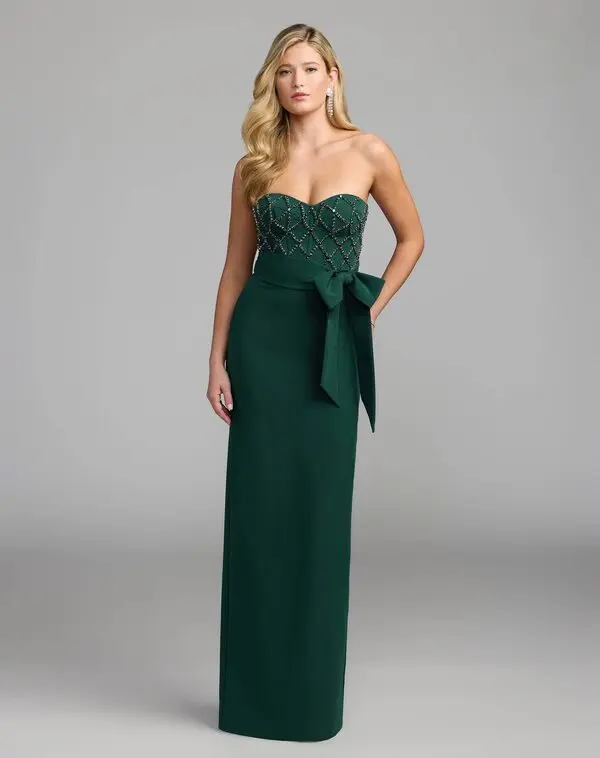 Mac Duggal Emerald Strapless Embellished Crepe Gown With Bow
