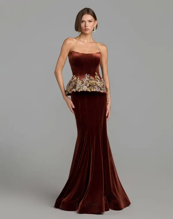 MAC DUGGAL COLLECTION Brown Strapless Embellished Velvet Peplum Gown