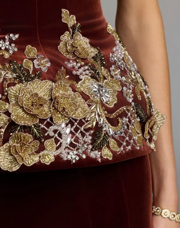 MAC DUGGAL COLLECTION Brown Strapless Embellished Velvet Peplum Gown