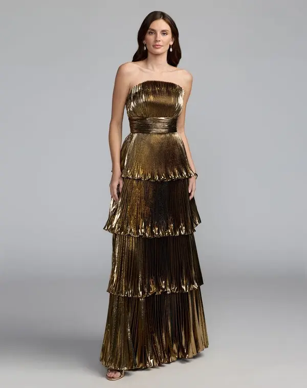 Mac Duggal Petite Antique Strapless Pleated Metallic Ruffle Gown - Gold