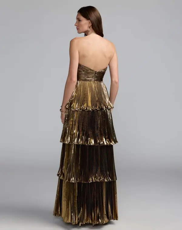 Mac Duggal Petite Antique Strapless Pleated Metallic Ruffle Gown