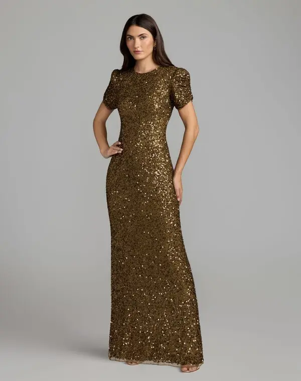 Mac Duggal Gathered Short Sleeve Embellished Gown - Brown