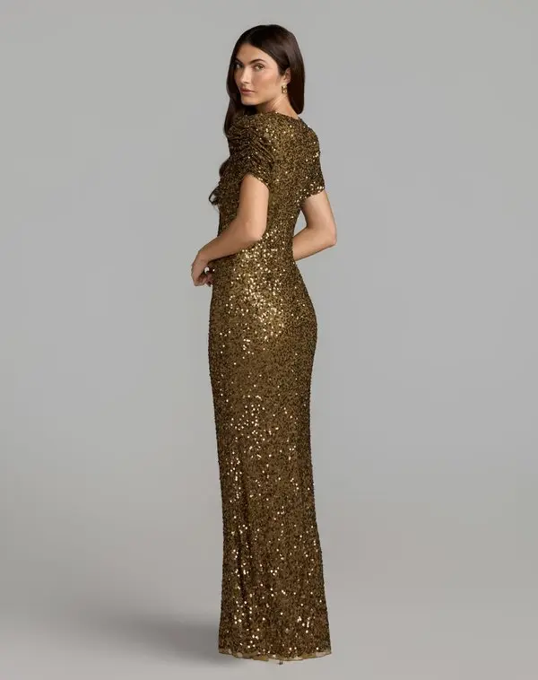 Mac Duggal Gathered Short Sleeve Embellished Gown - Brown